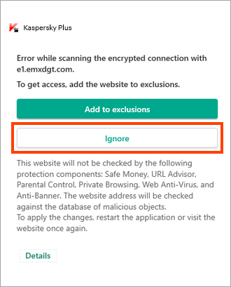 Error during an encrypted connection scan in a Kaspersky application