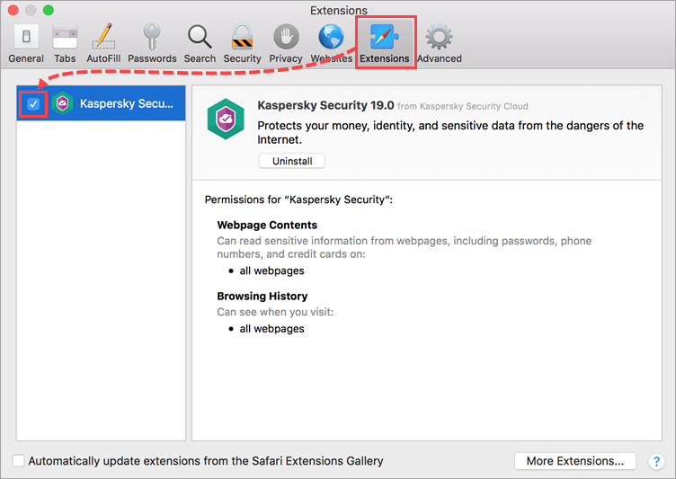 How to install or remove the Kaspersky Security browser extension