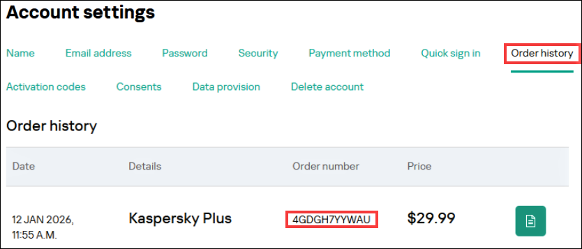 How to find the order number for Kaspersky home applications