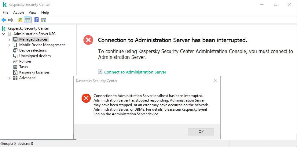 Qué hacer si la Consola de administración y el Servidor de administración de Kaspersky Security ...