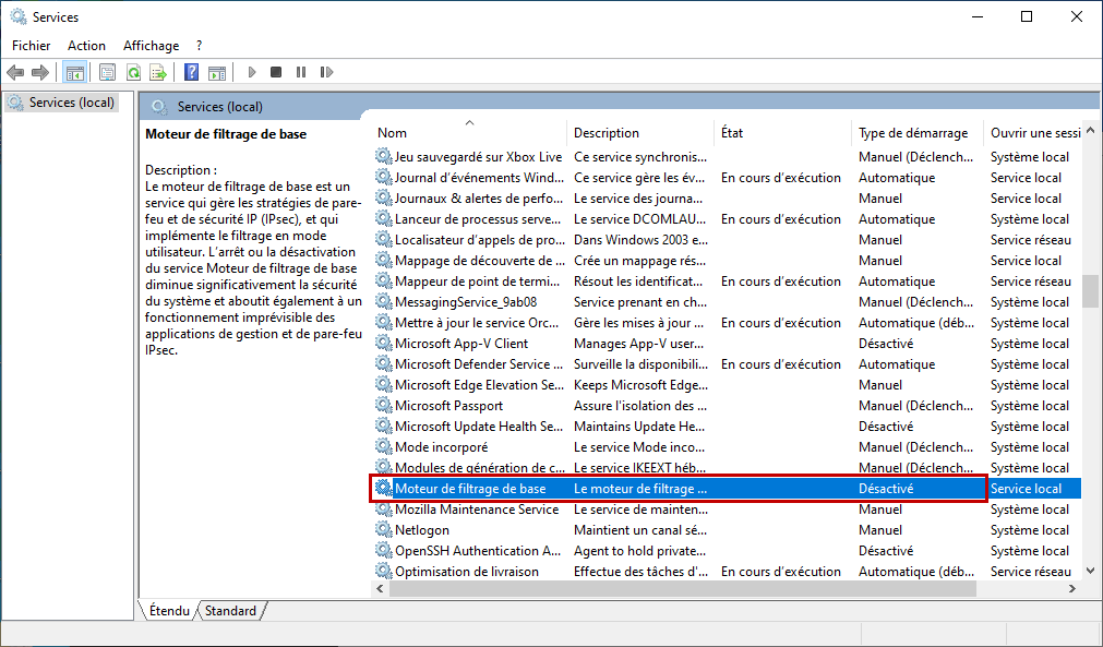 Erreur « Le service Base Filtering Engine est absent sur l'ordinateur