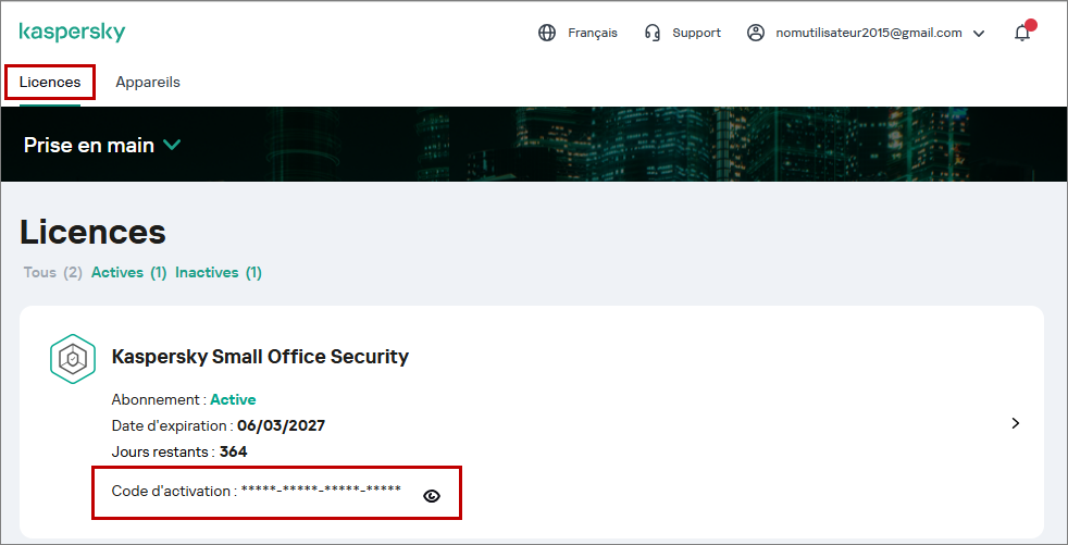 À propos du code d'activation pour Kaspersky Small Office Security