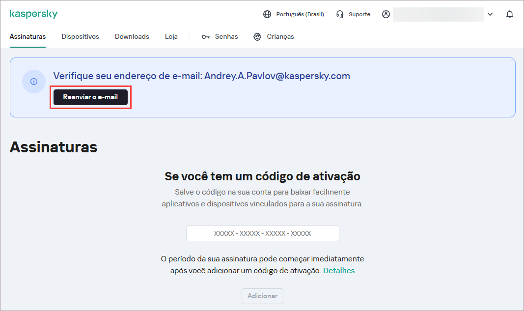 A verificação da conta My Kaspersky é necessária para a ativação do ...