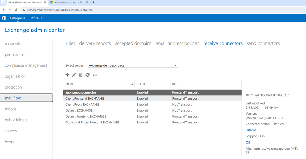 Additional configuration of the Microsoft Exchange server