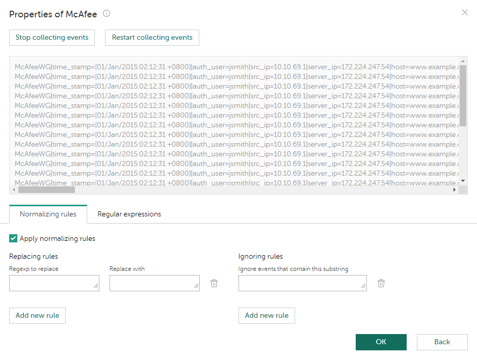 Configuring event sources with custom regular expressions