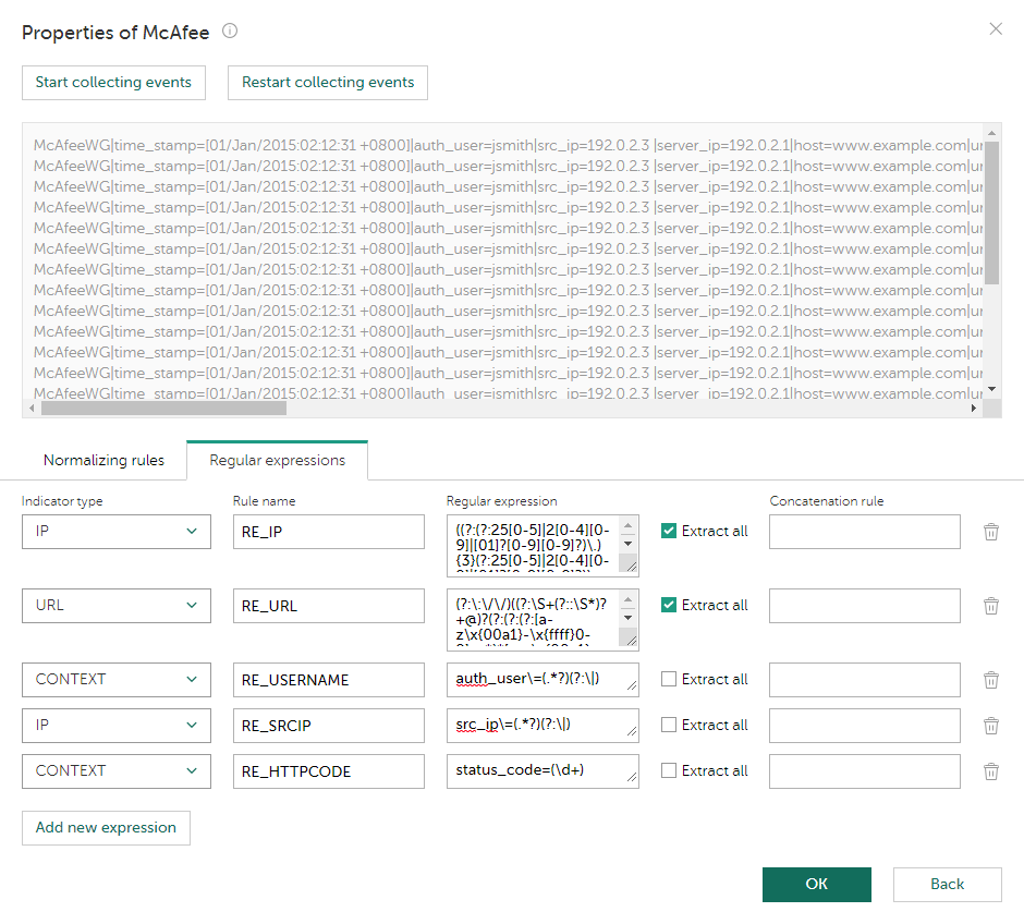 Configuring event sources with custom regular expressions