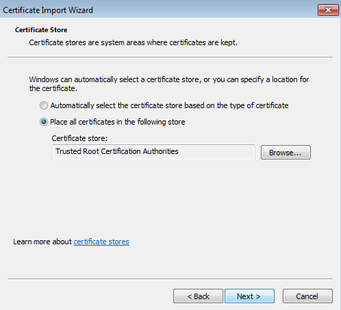 Adding the self-signed certificate as trusted to a browser