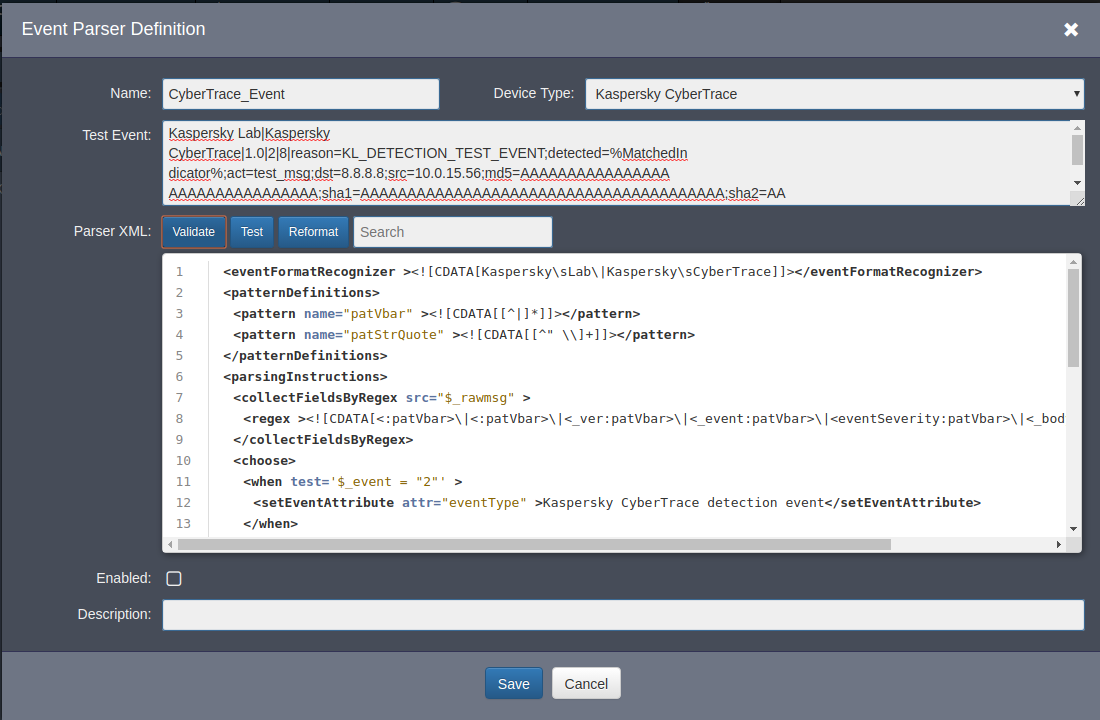 FortiSIEM での Kaspersky CyberTrace から受信したイベントの解析ルールの追加