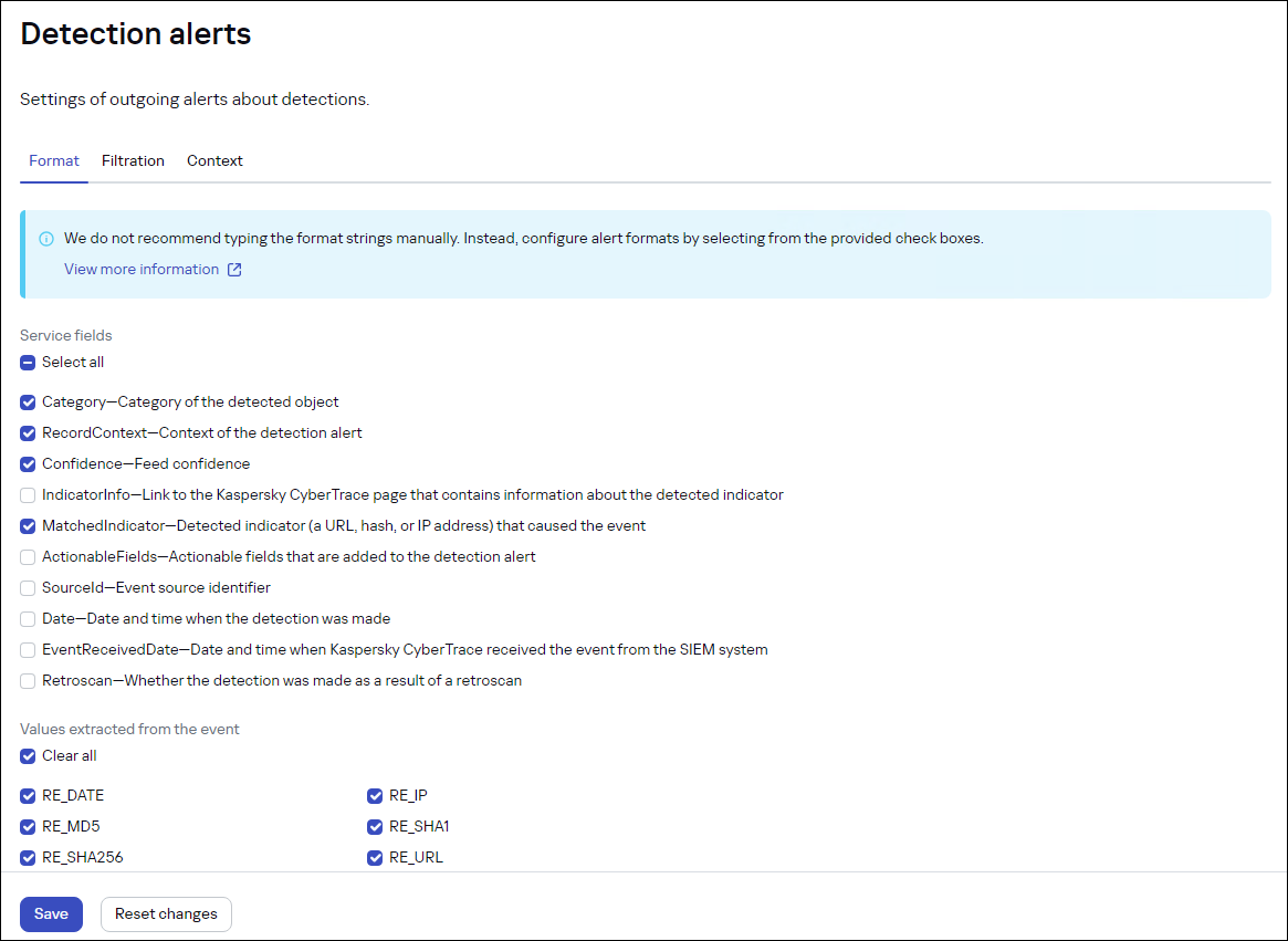Configuring the format for detection alerts