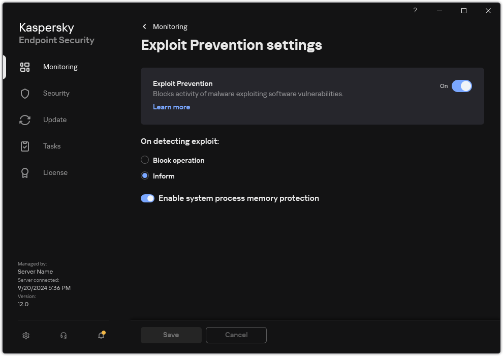 Enabling and disabling Exploit Prevention