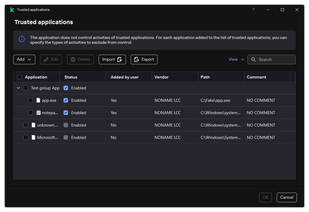 Editing the list of trusted applications