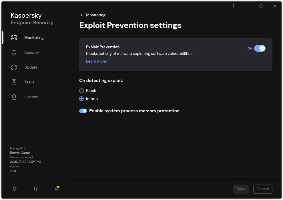 Enabling and disabling Exploit Prevention
