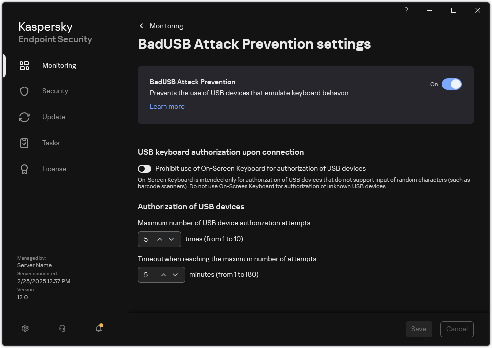 Using On-Screen Keyboard for authorization of USB devices
