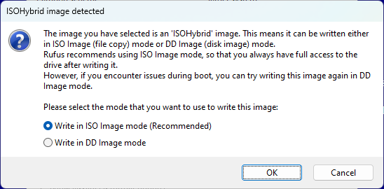 Writing the image in ISO mode (recommended)