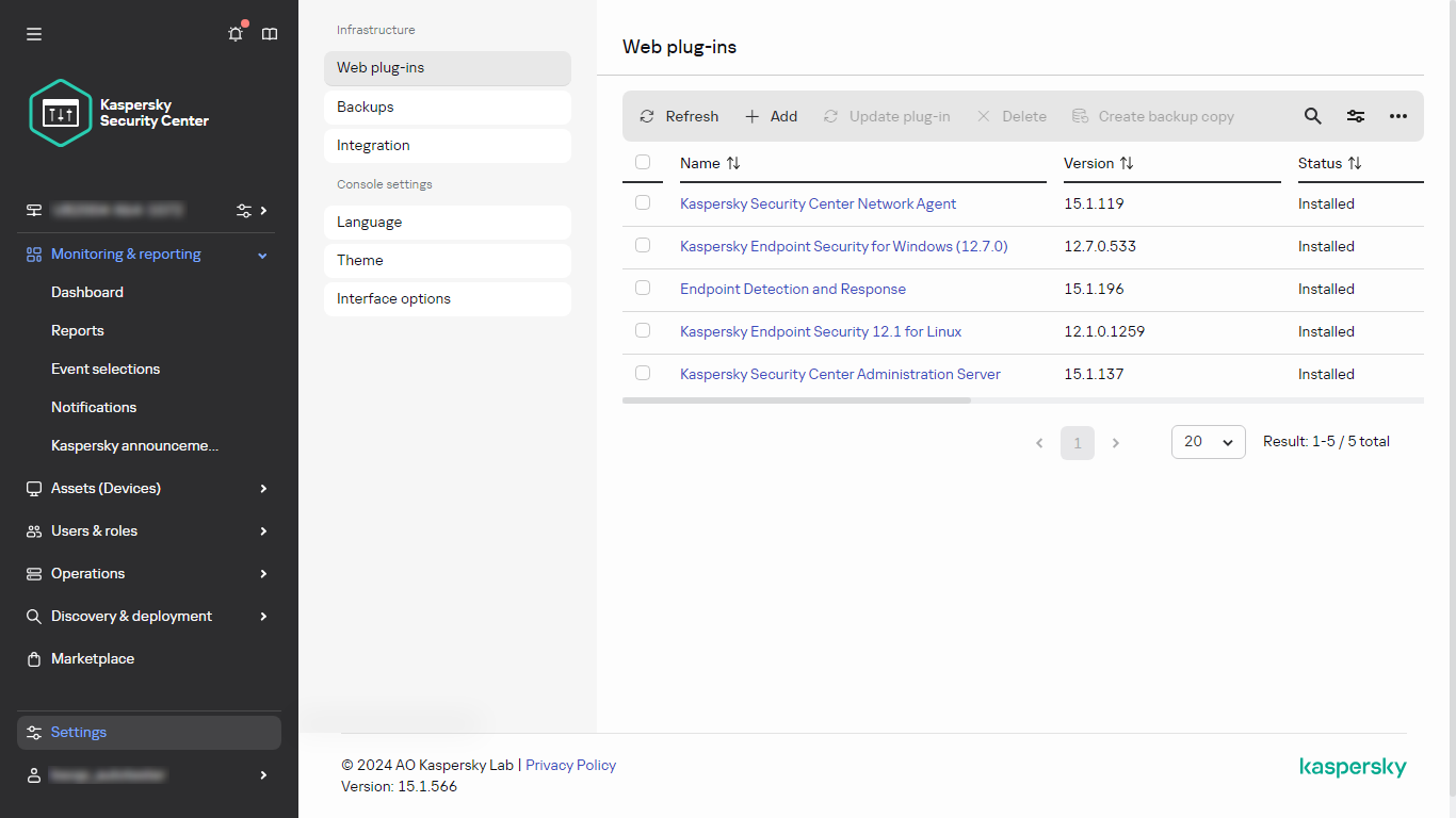 Adding management plug-ins for Kaspersky applications
