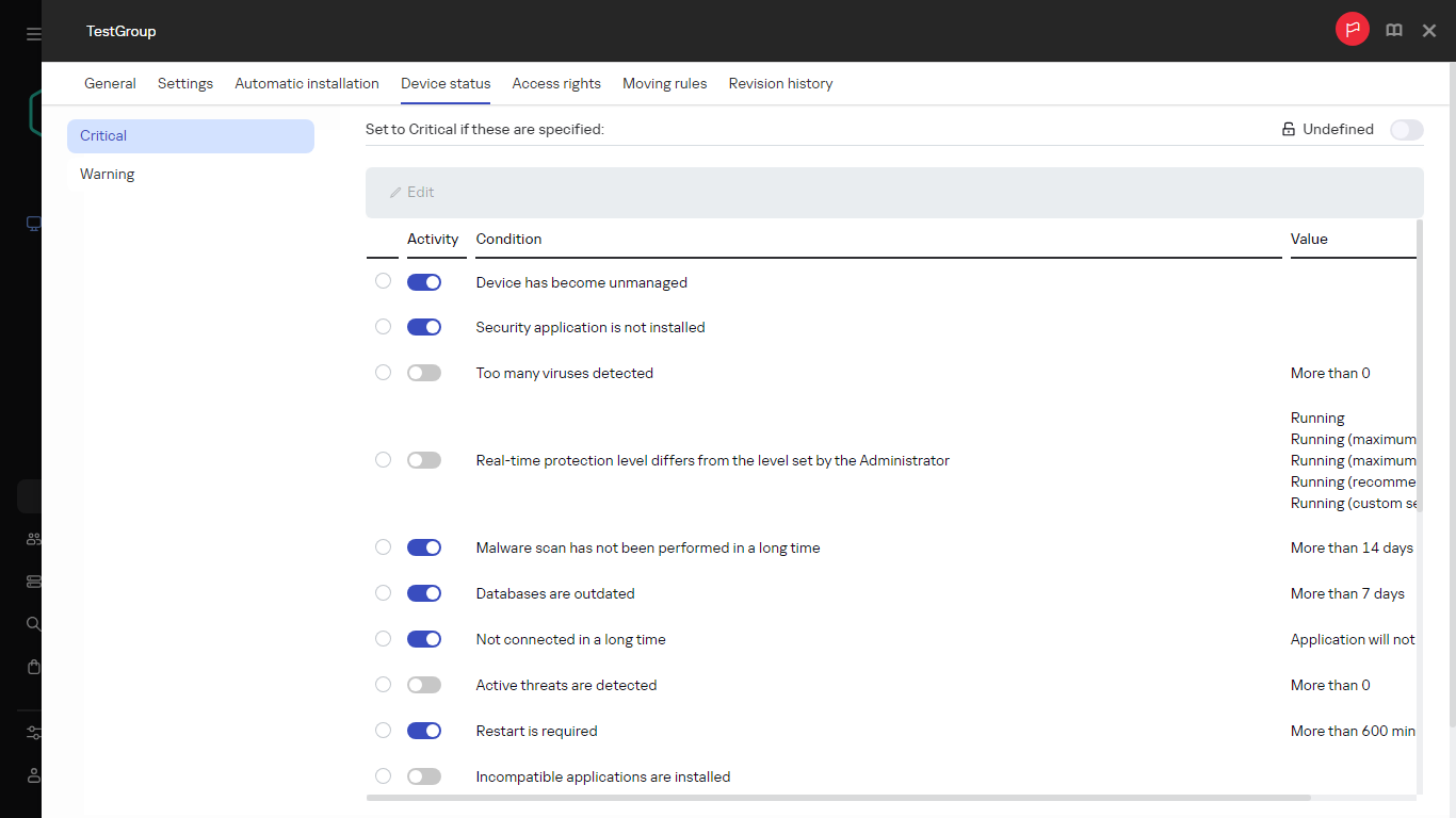 Configuring the switching of device statuses