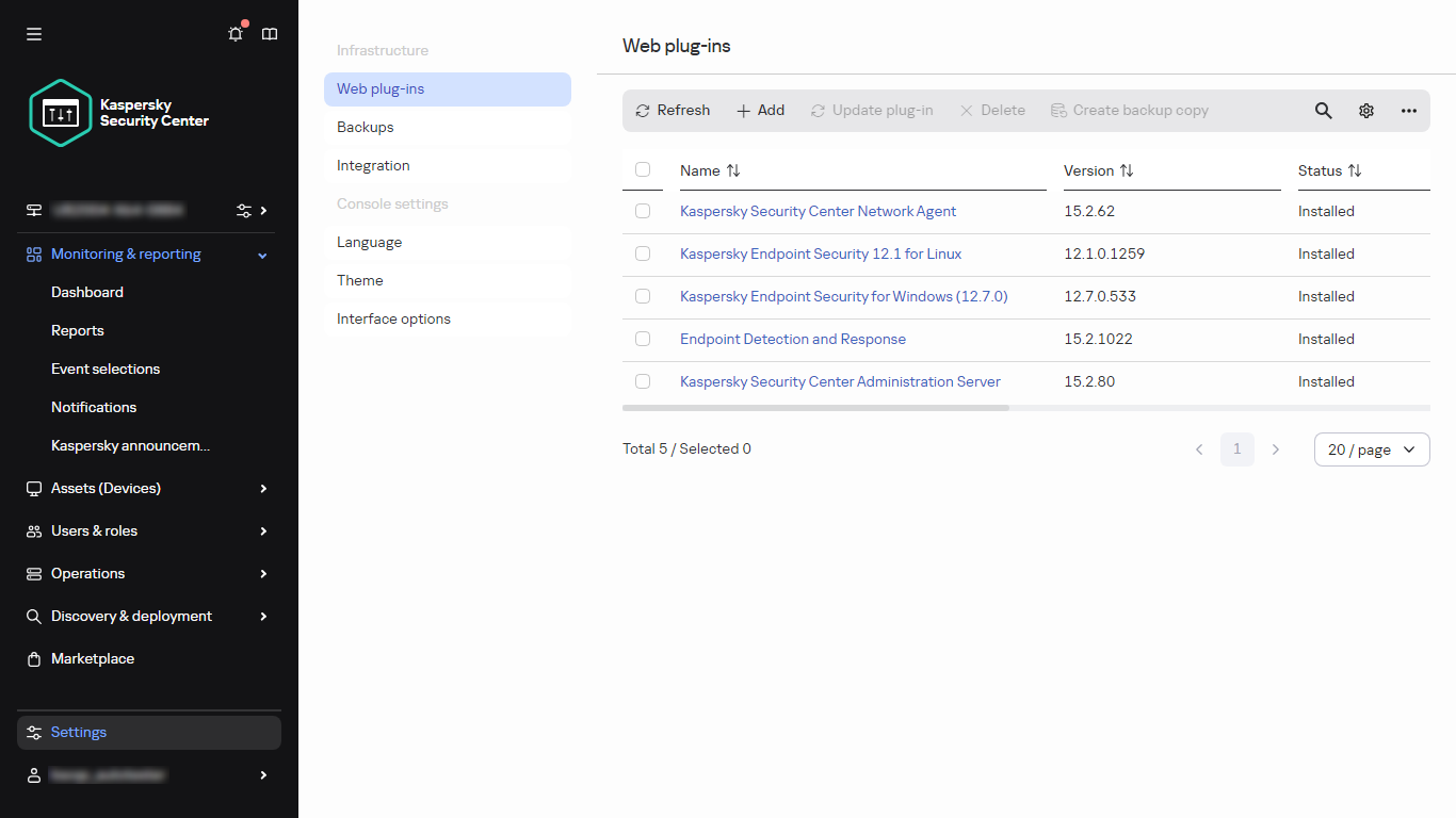 Adding management plug-ins for Kaspersky applications