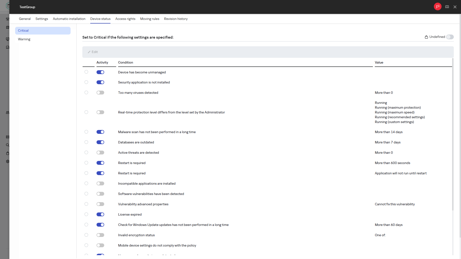 Configuring the switching of device statuses