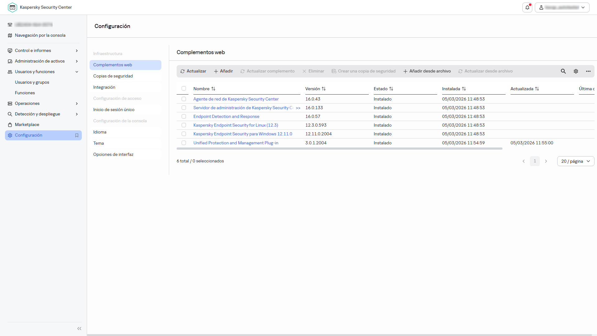 Añadir complementos para aplicaciones de Kaspersky