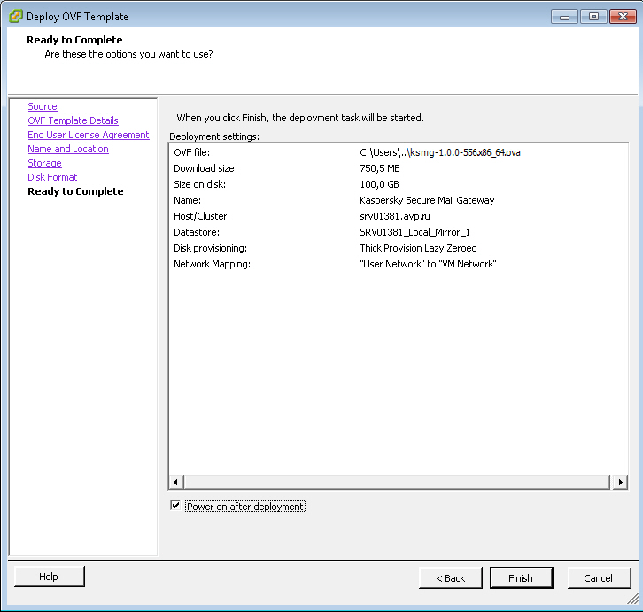 Step 7. Starting and finishing deployment of the virtual machine image