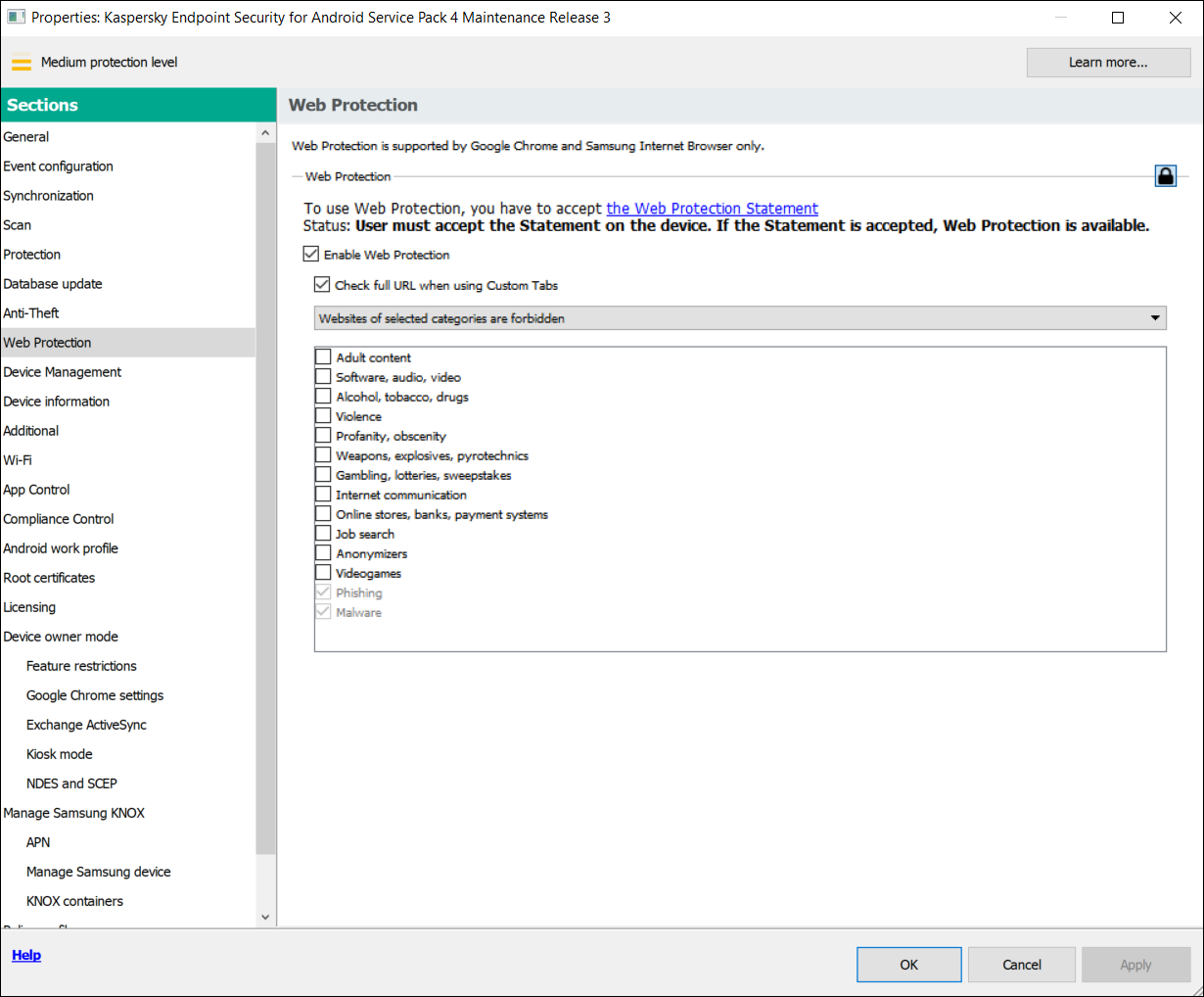 Configuring access to websites on Android devices