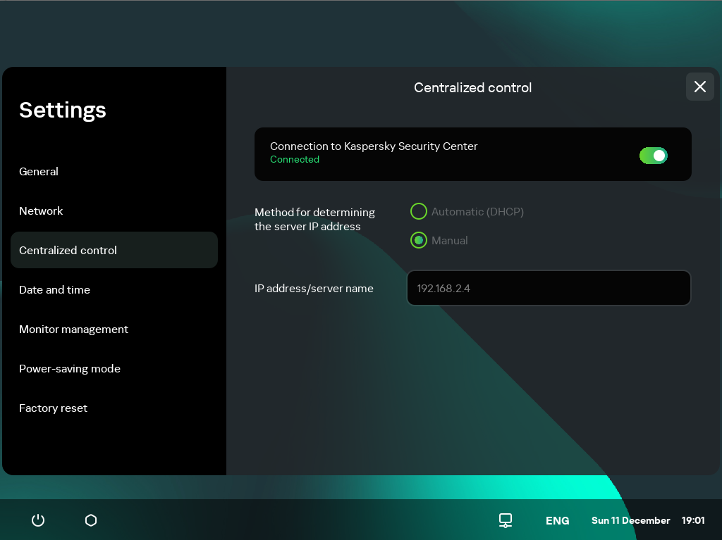 Configuring settings for connecting Kaspersky Thin Client to Kaspersky Security Center