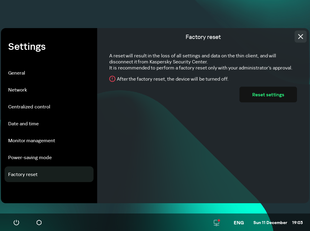 Resetting Kaspersky Thin Client settings