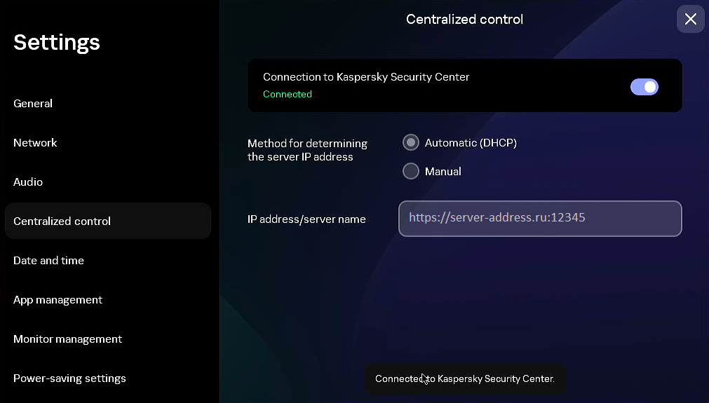 Configuring settings for connecting Kaspersky Thin Client to Kaspersky Security Center
