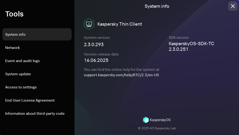 Viewing information about Kaspersky Thin Client and a thin client