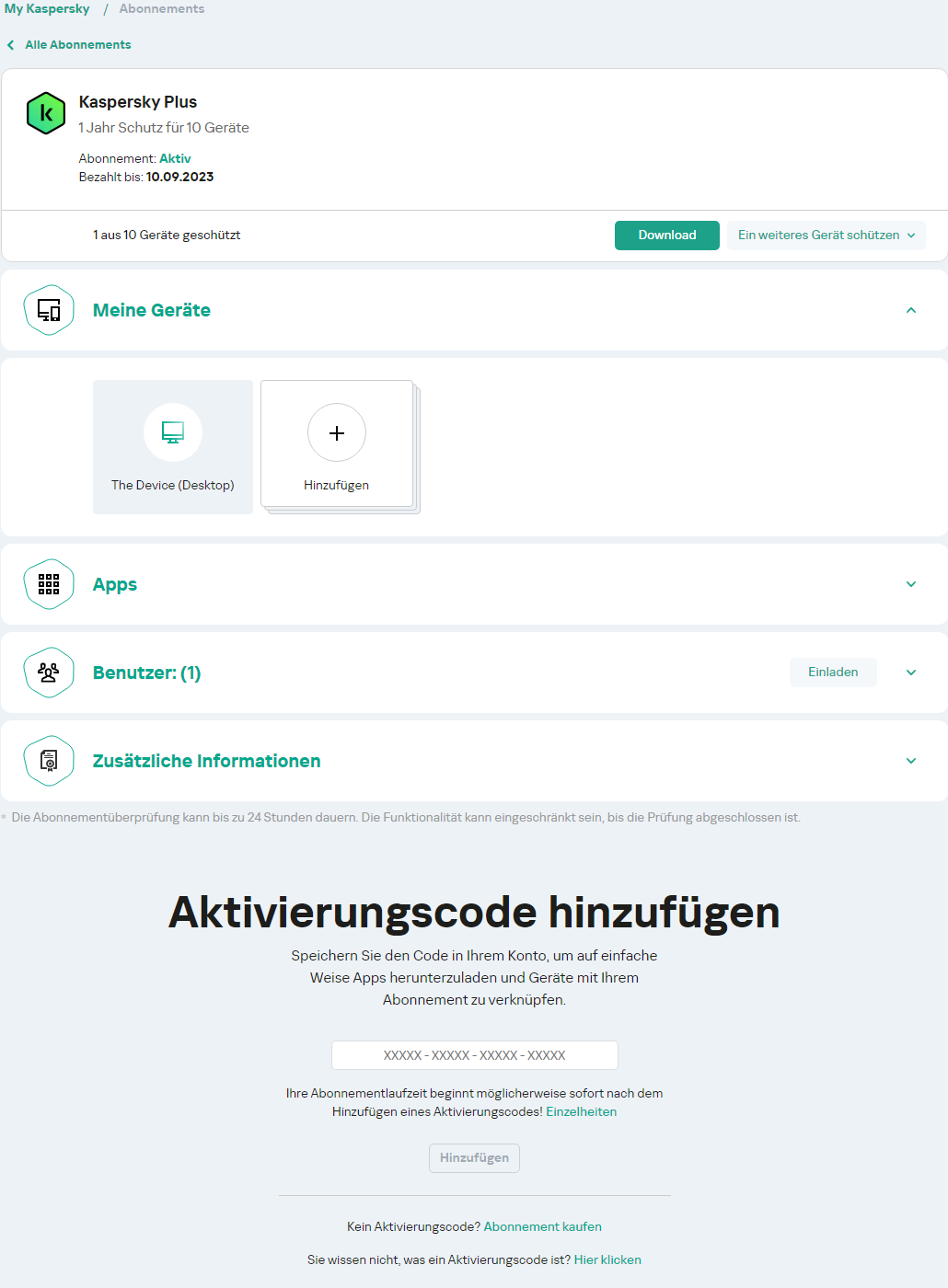 Wenn Sie ein Abonnement auf der Kaspersky-Website gekauft haben