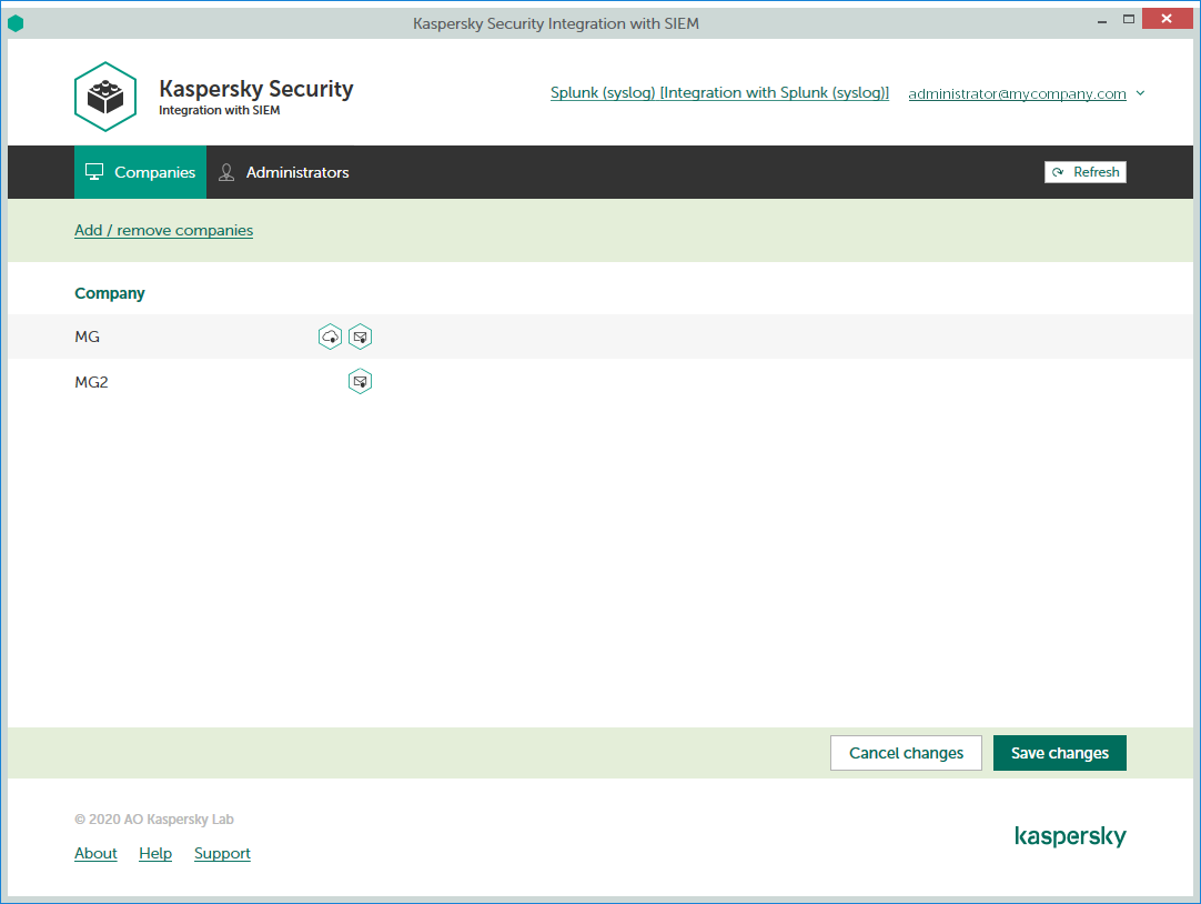 Interface of Kaspersky Security Integration with SIEM