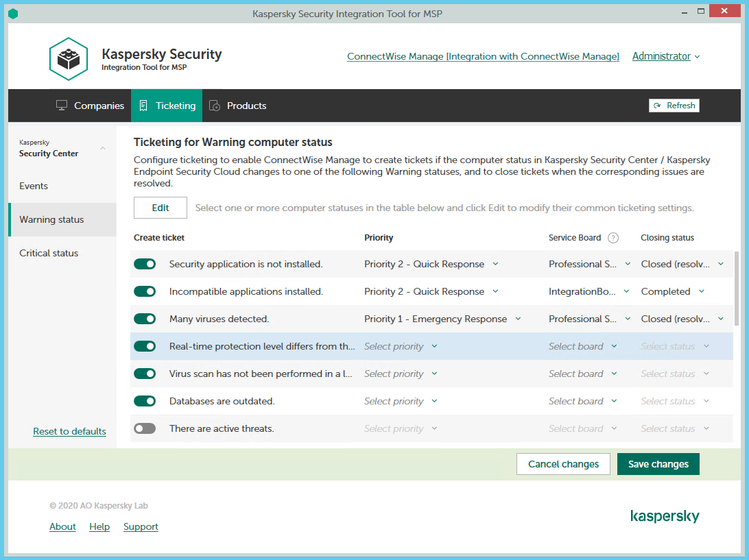 Ticketing for computer statuses