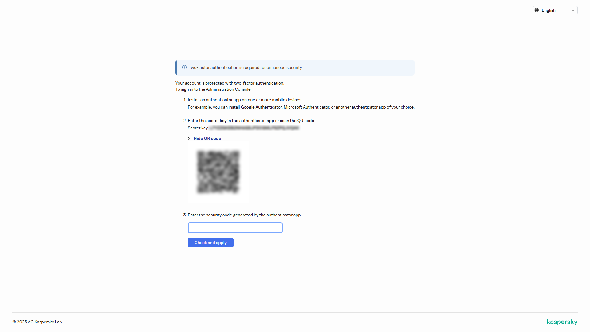 Configuring a two-factor authentication secret key at OSMP Console sign-in